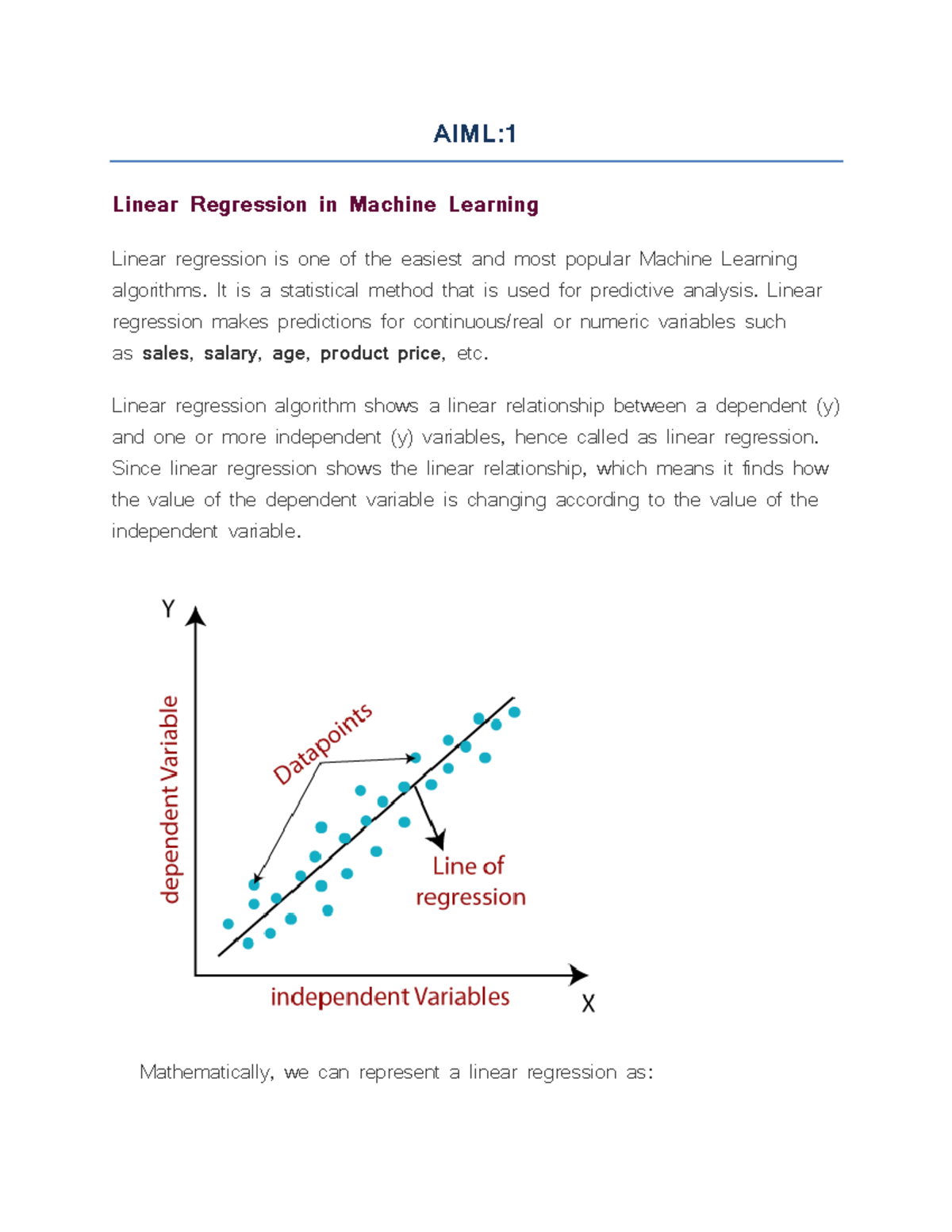 AIML lab 1 - study of linear regression - AIML: Linear Regression in Machine Learning Linear ...