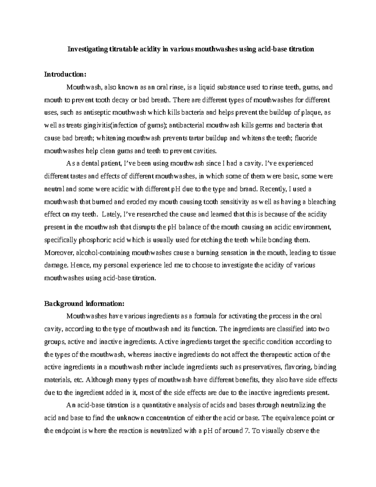 Chemistry Research Paper (Internal assessment IB) - Investigating ...