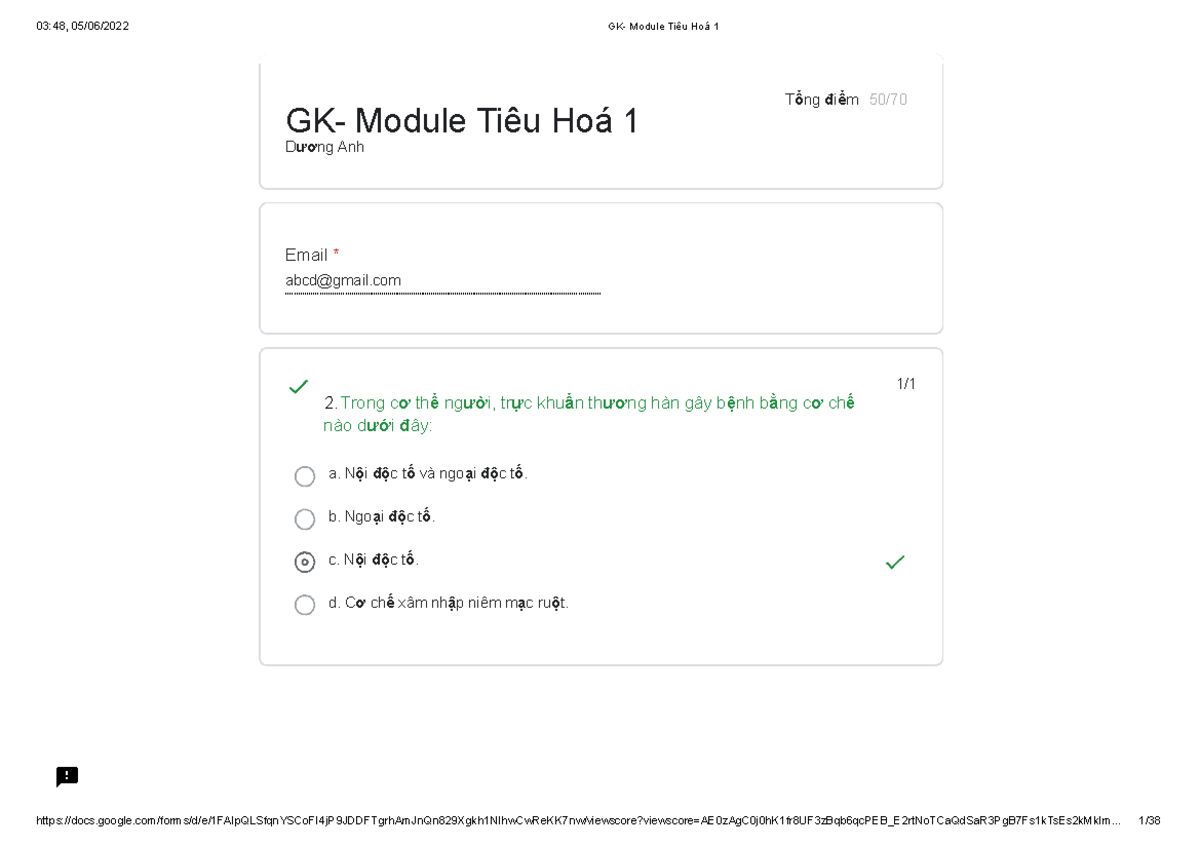 GK Module Tiêu Hoá 1 - hello - Tổng điểm 50/ GK- Module Tiêu Hoá 1 ...