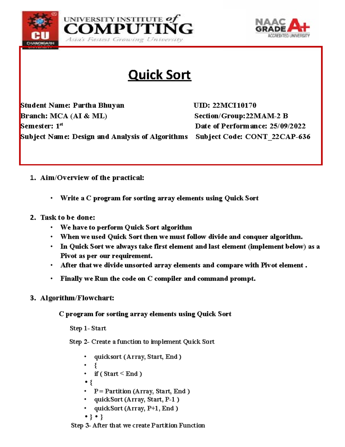 Work Sheet Experiment 1.1 Quick Sort - Quick Sort Student Name: Partha ...