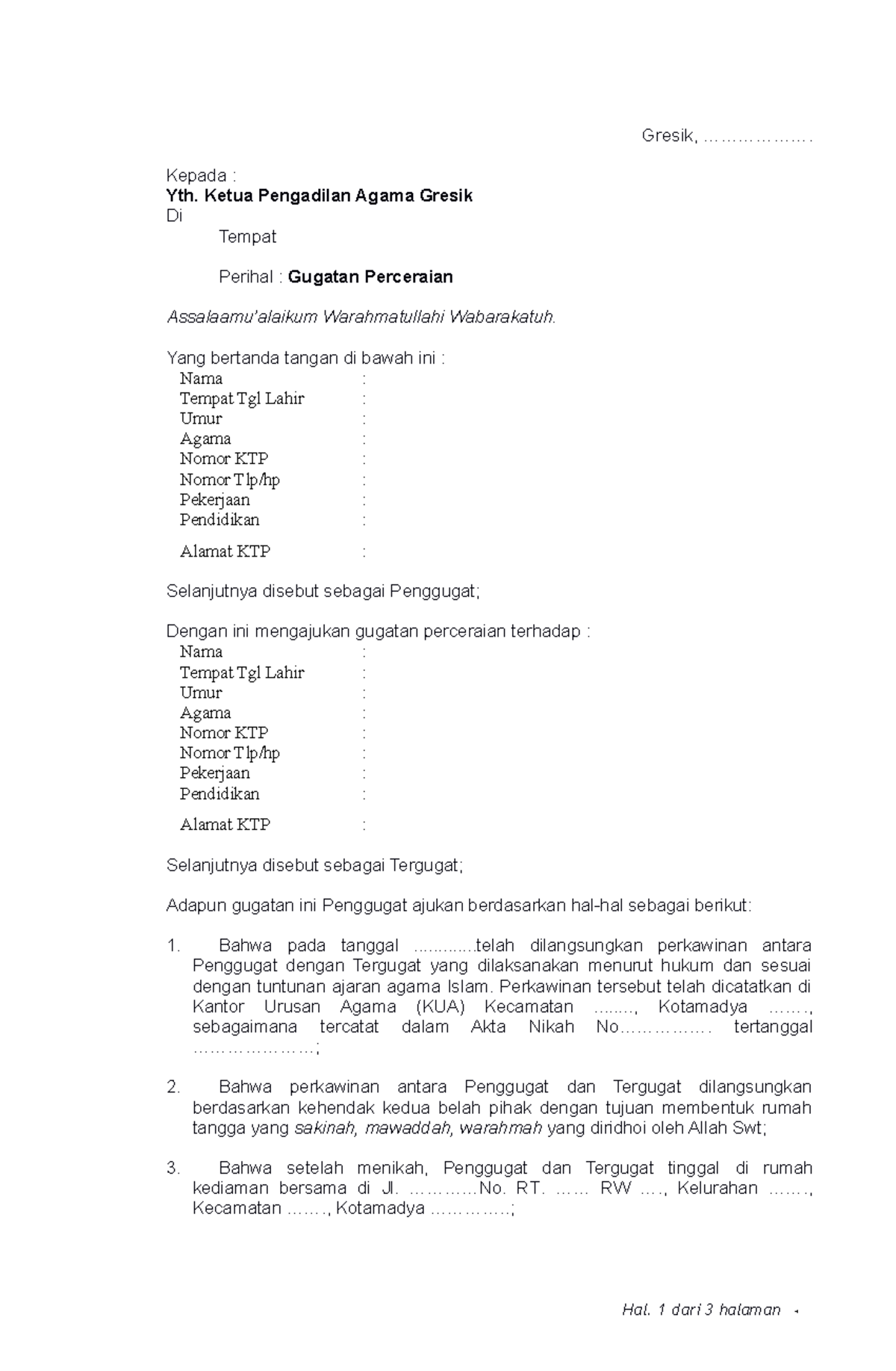 Contoh gugatan cerai gugat hadhanah - Gresik ...