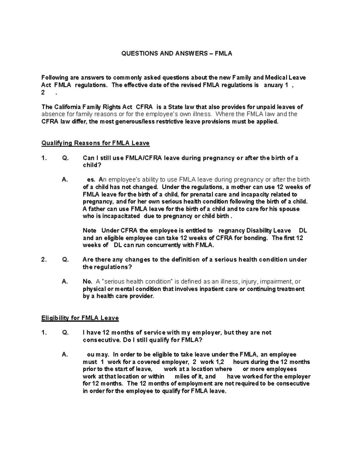 Leave fmla q and a - Misc - QUESTIONS AND ANSWERS – FMLA Following are ...