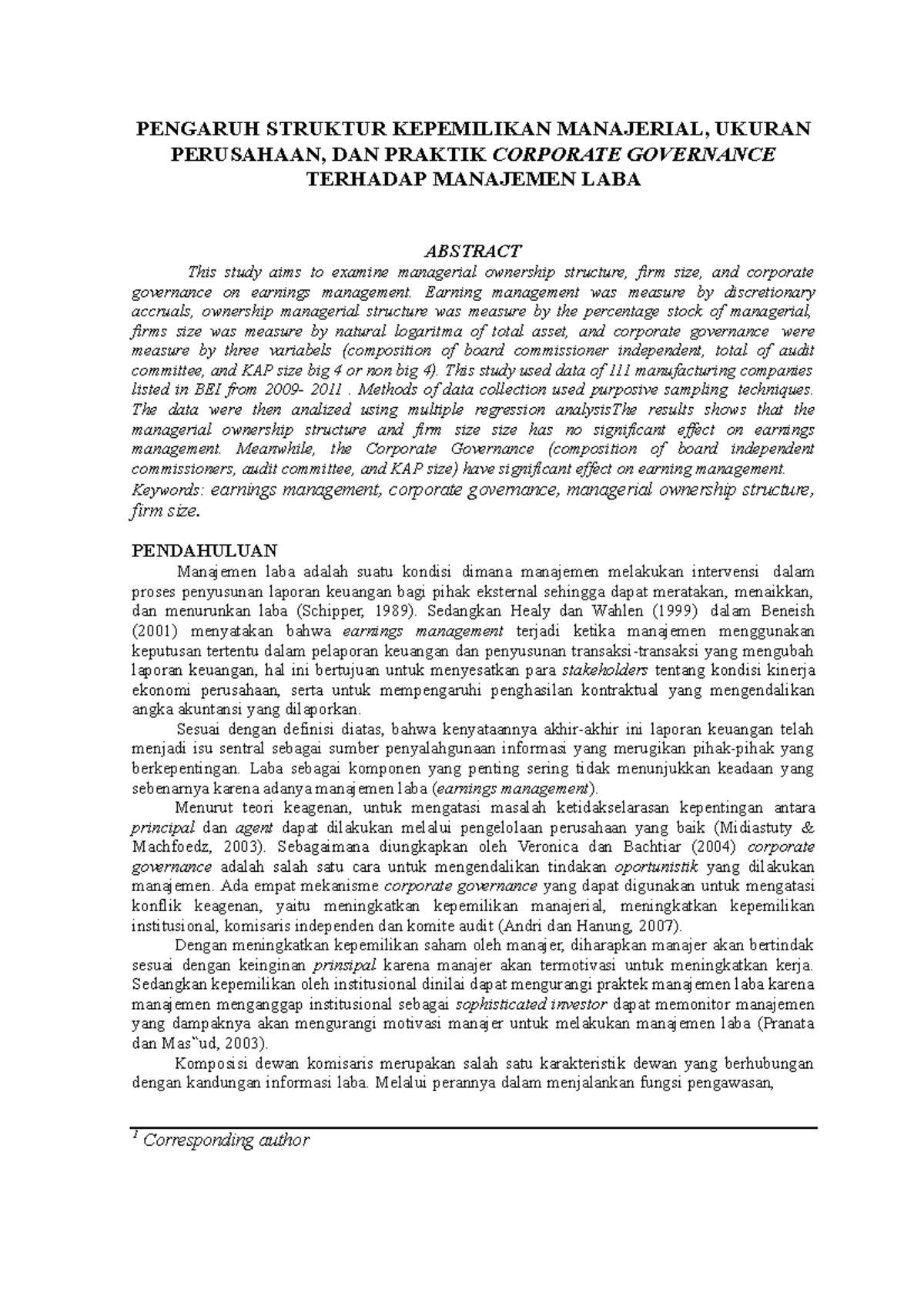 Journal Manajemen Pengaruh Struktur Kepemilikan Manajerial, Ukuran ...