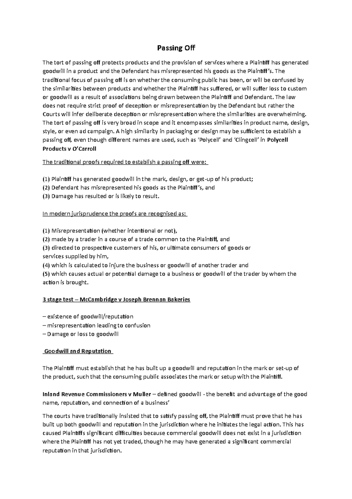 Passing Off - fe1 prep notes - Passing Off The tort of passing off ...