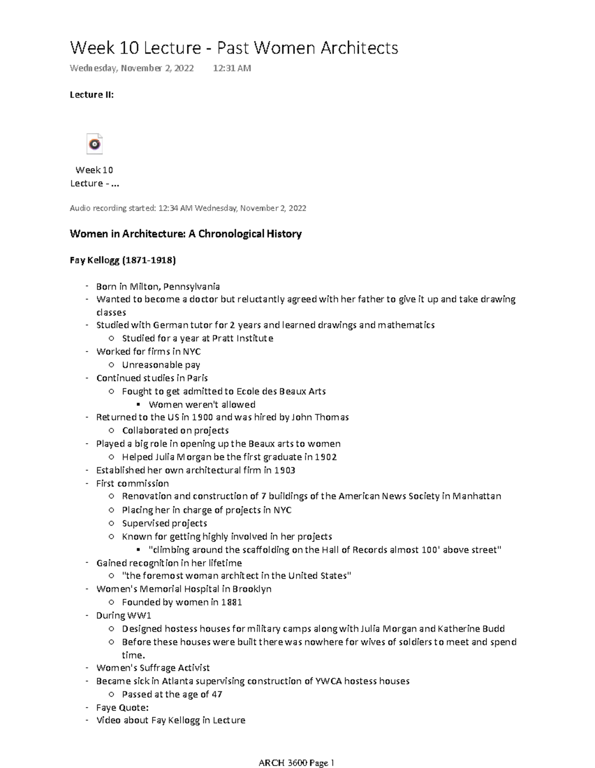 Week 10 Lecture - Past Women Architects - Lecture II: Week 10 Lecture - ... Audio recording ...