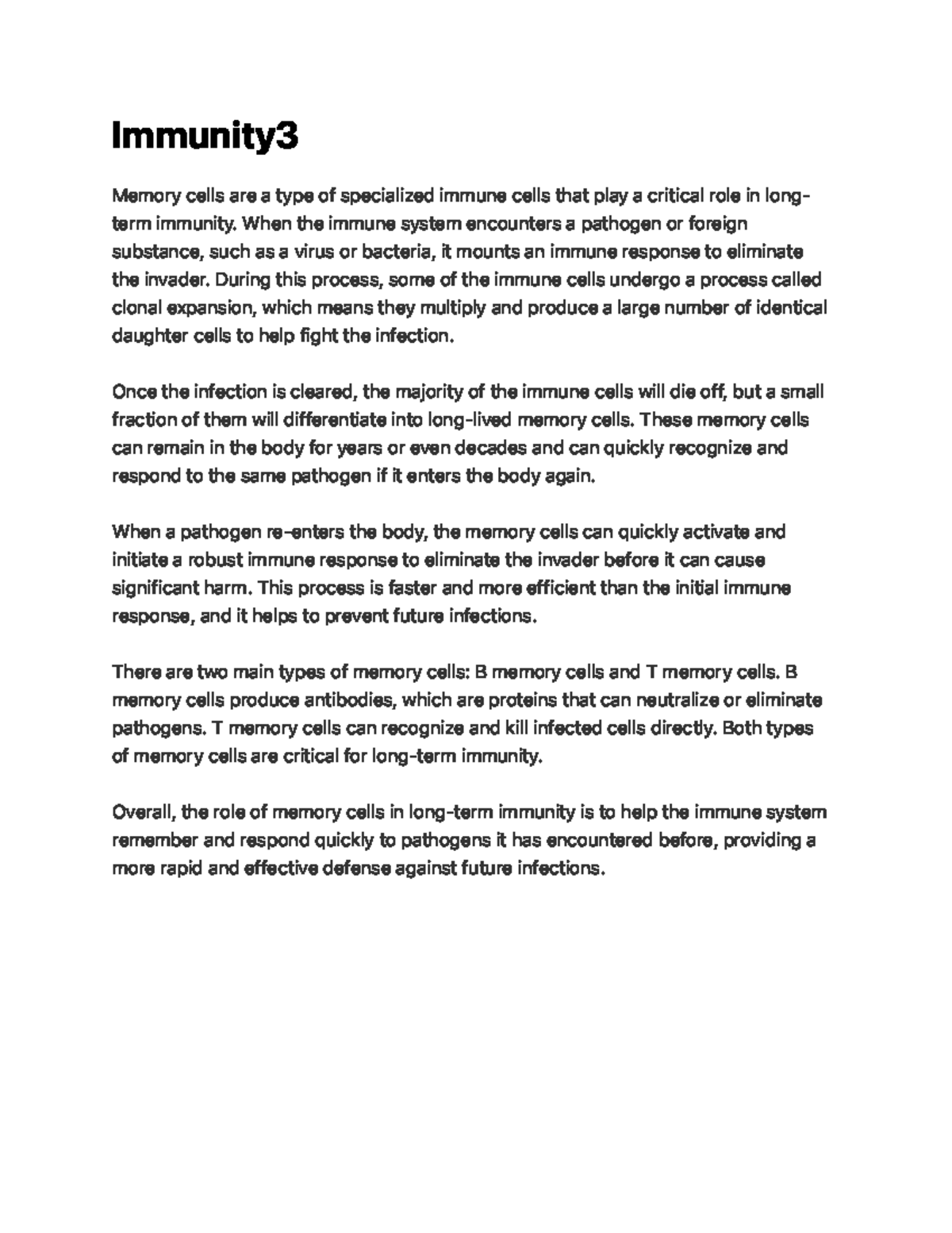 Immunity 3 - Notes - I m m u n i t y 3 Memory cells are a type of ...