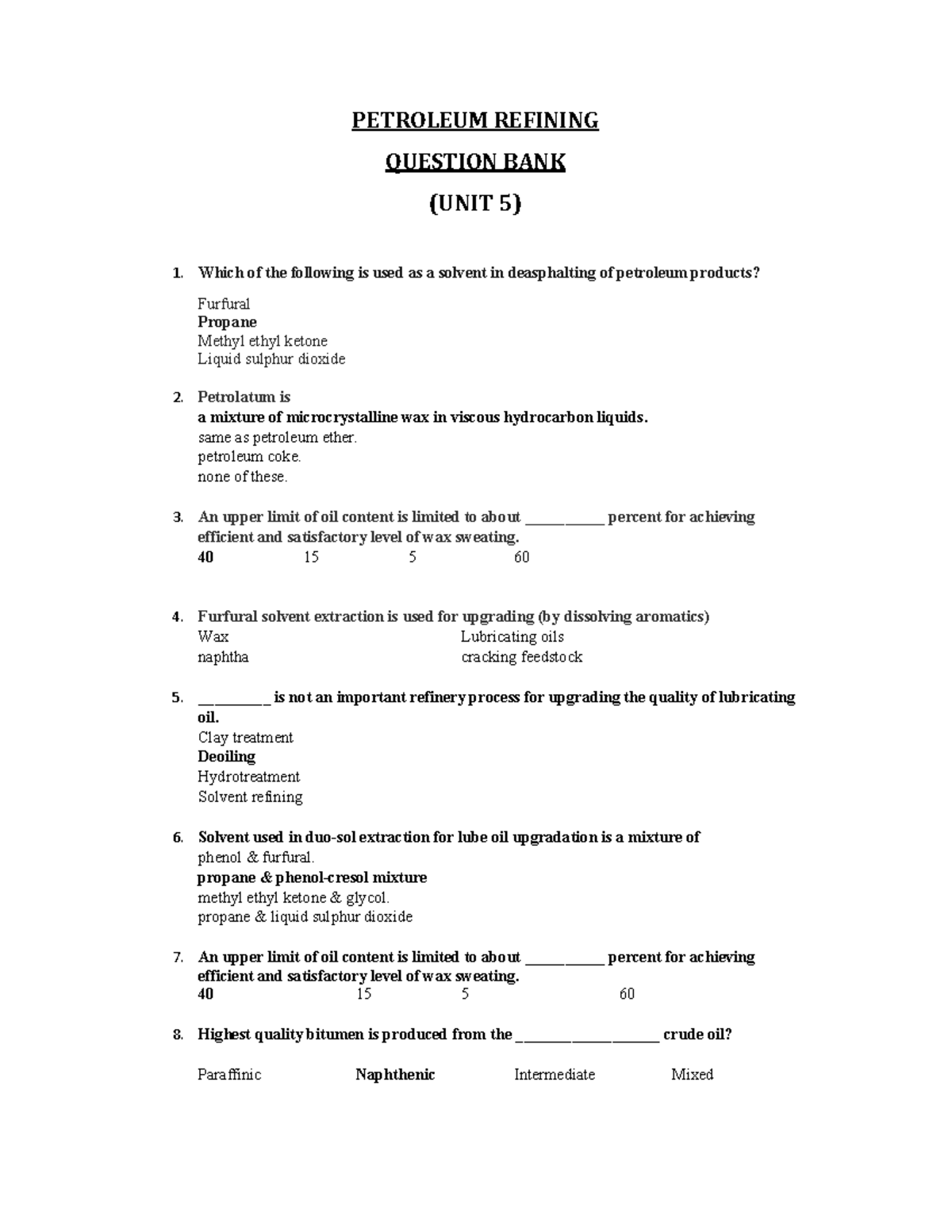 Petro QB Unit 5 - Lecture notes 36 - PETROLEUM REFINING QUESTION BANK ...