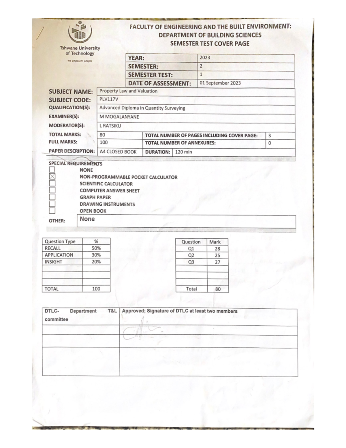 Plv 1 - question paper - FACULTY OF ENGINEERING AND THE BUILT ...