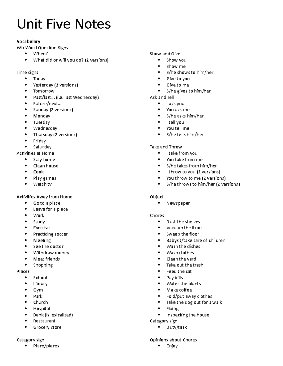 Unit Five Notes - Unit Five Notes Vocabulary Wh-Word Question Signs ...