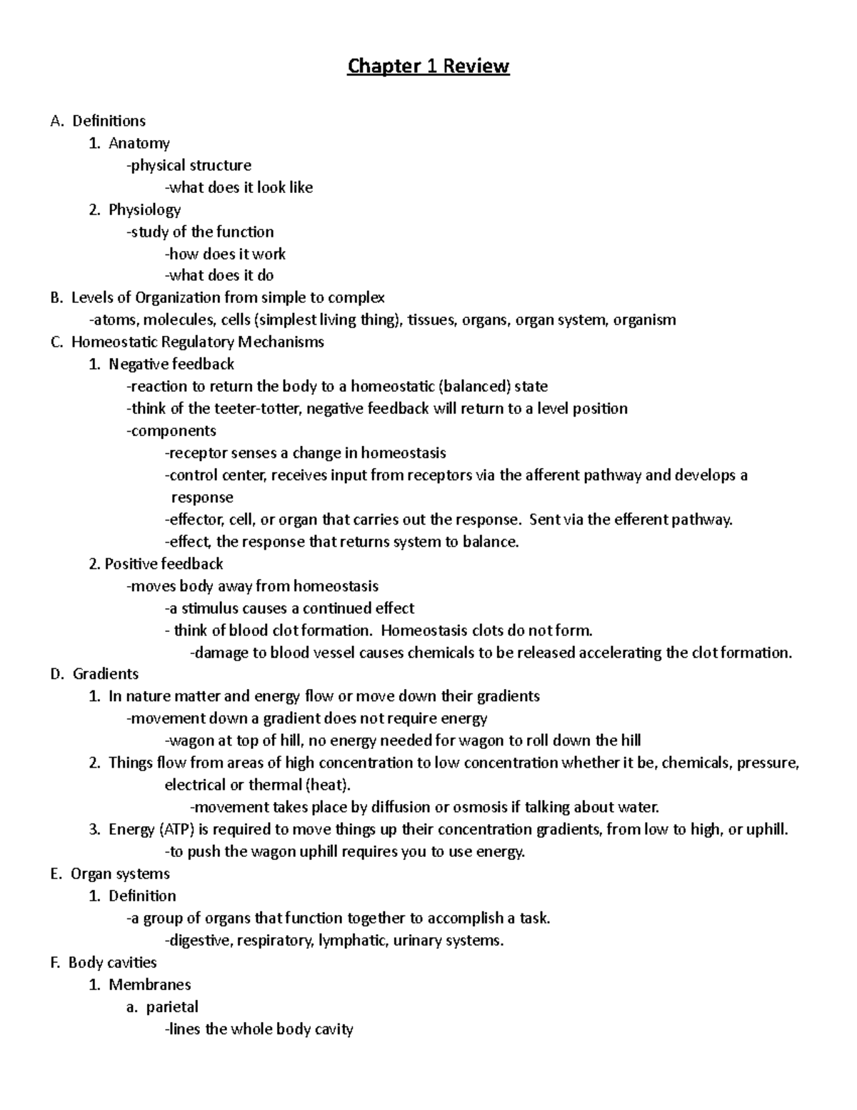 BIO231 Exam 1 Review Notes - Chapter 1 Review A. Definitions 1. Anatomy ...