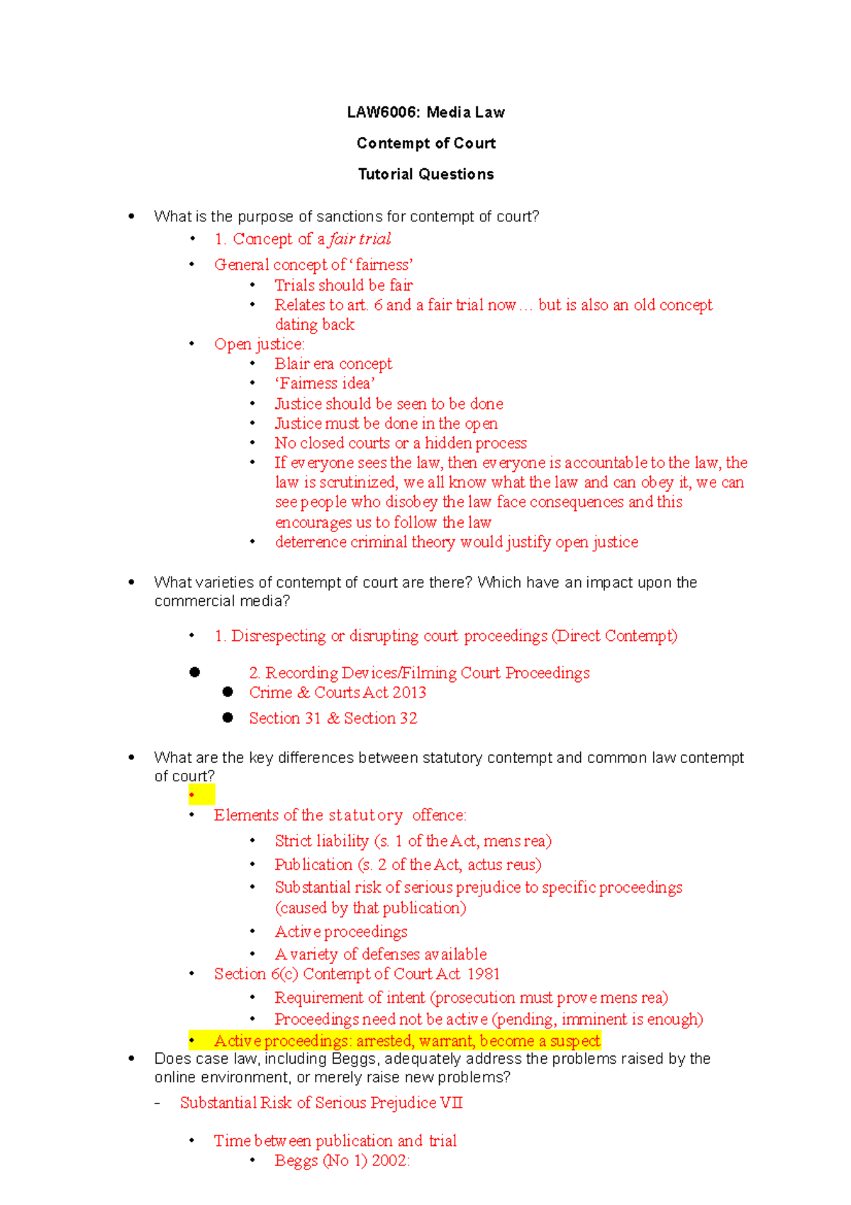 Seminar 7 notes - LAW6006: Media Law Contempt of Court Tutorial ...