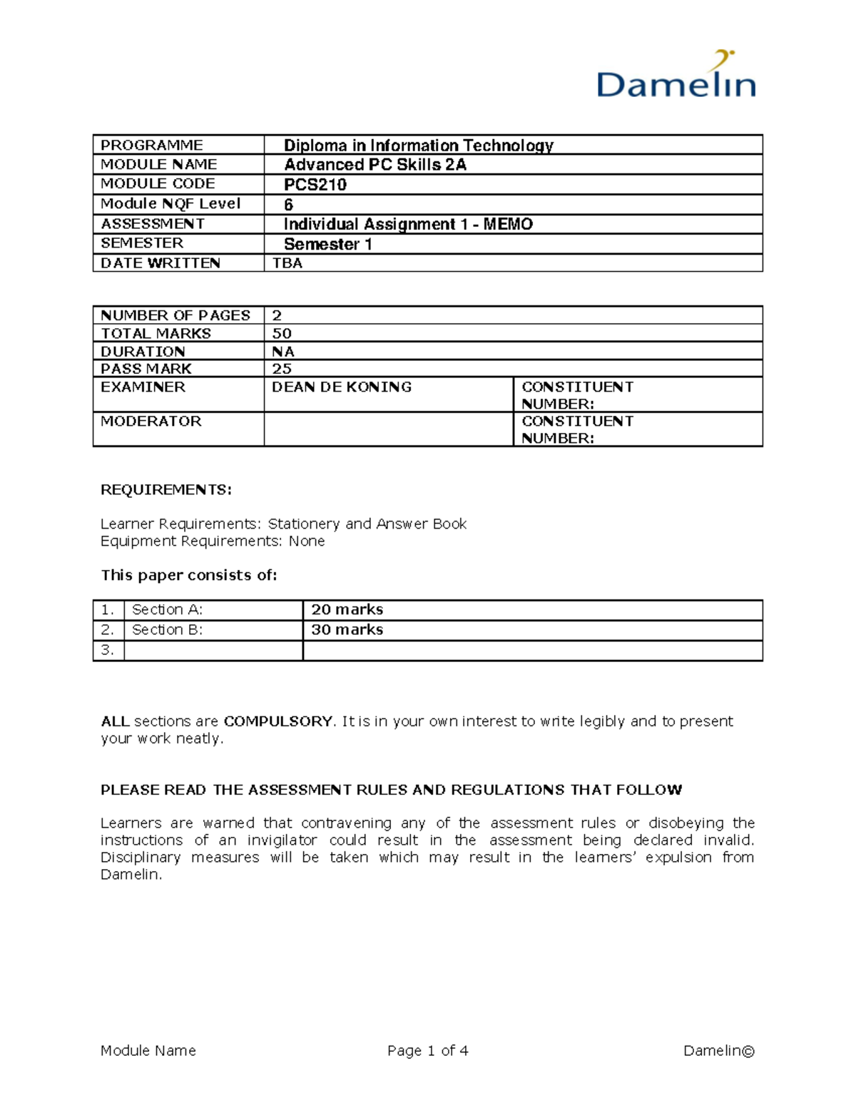 Advanced pc skills - PROGRAMME Diploma in Information Technology MODULE ...