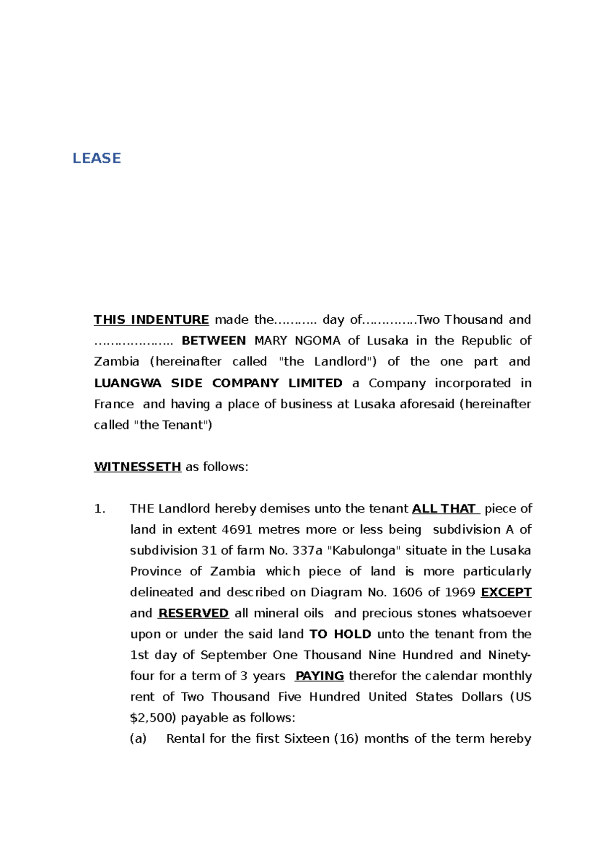 Lease Sample - LEASE THIS INDENTURE made the........... day of ...