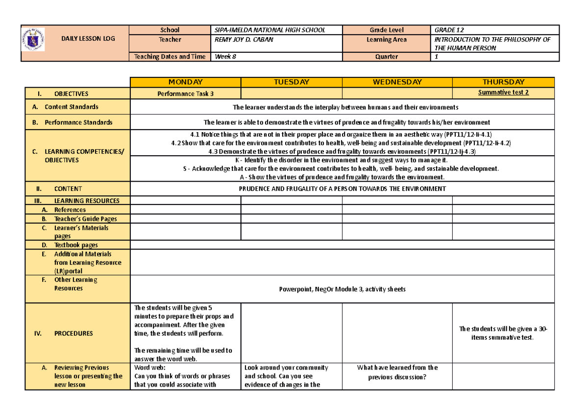 Iphp dll w8 - DLL - DAILY LESSON LOG School SIPA-IMELDA NATIONAL HIGH ...