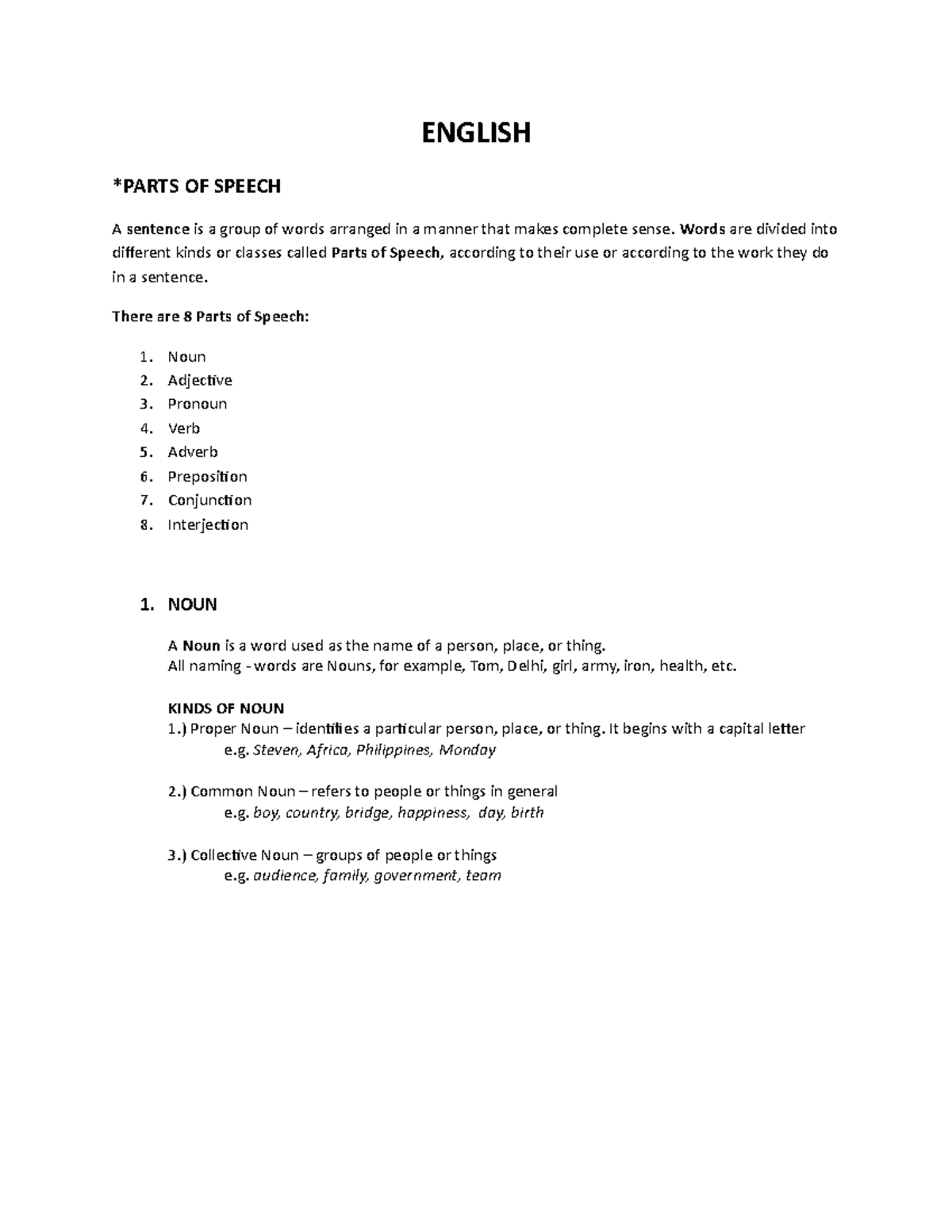 Parts of Speech - Lecture notes 8-12 - Bachelor of Secondary Education ...