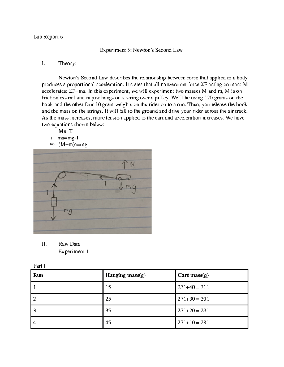 Lab Report 6 Group - Lab Report 6 Experiment 5: Newton’s Second Law I ...
