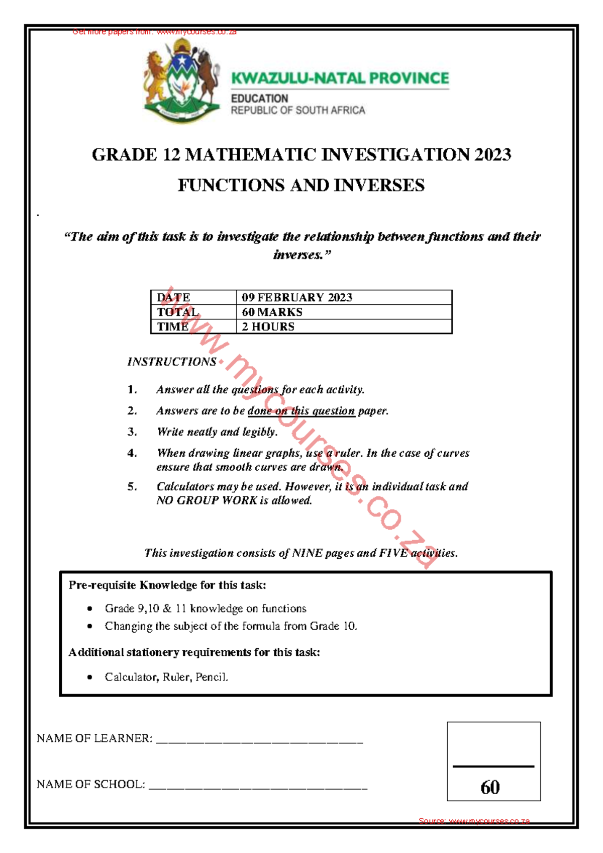 Grade 12 investigation - GRADE 12 MATHEMATIC INVESTIGATION 2023 ...