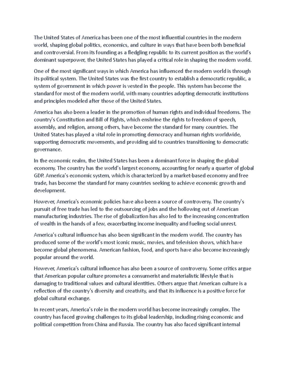 America in the Modern World - The United States of America has been one ...