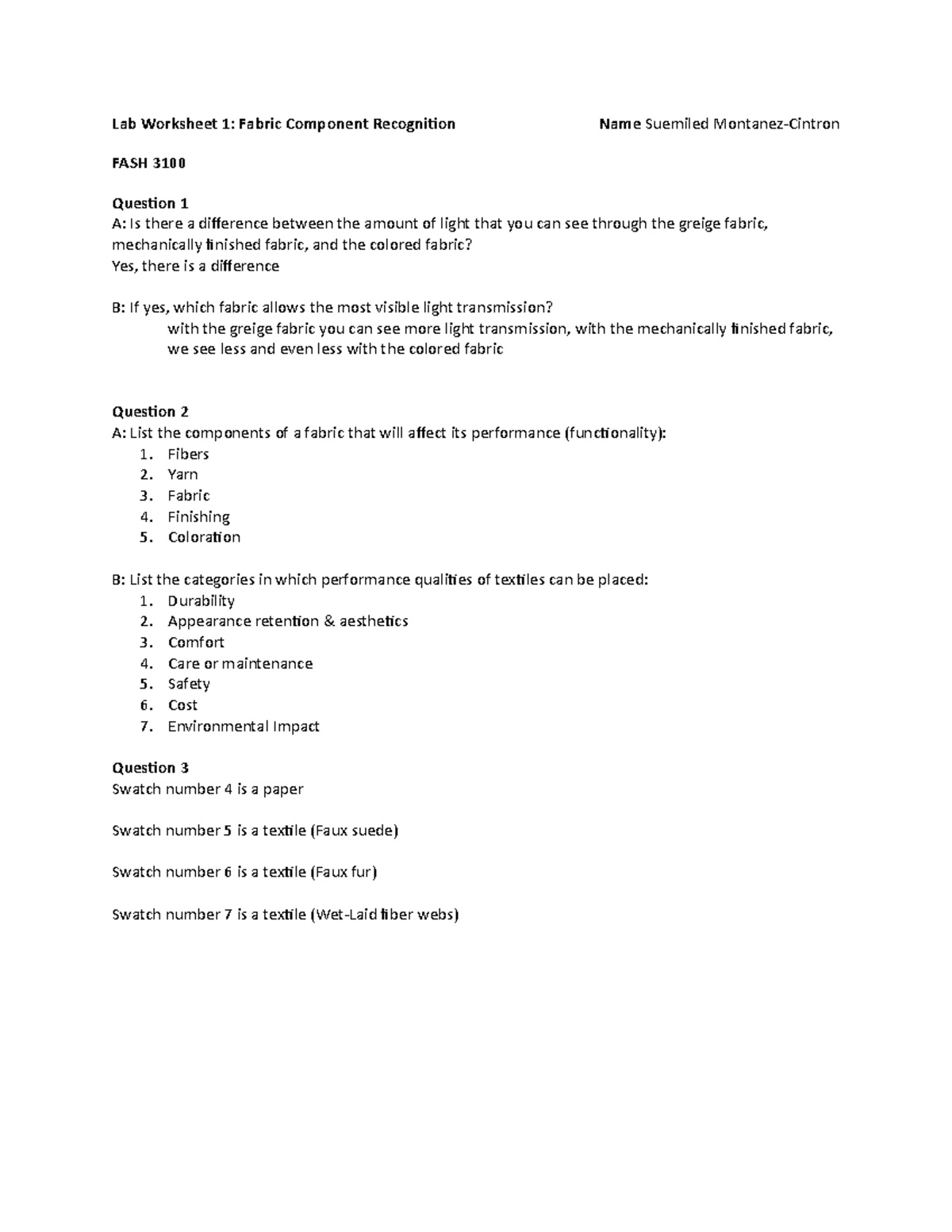 FASH 3100 Lab Worksheet 1 - Lab Worksheet 1: Fabric Component ...