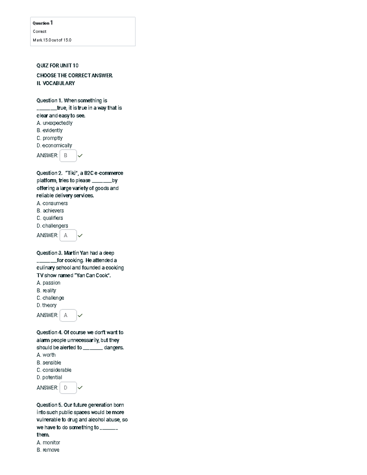 L17A.U10. UNIT QUIZ Attempt review - Question 1 Correct Mark 15 out of ...