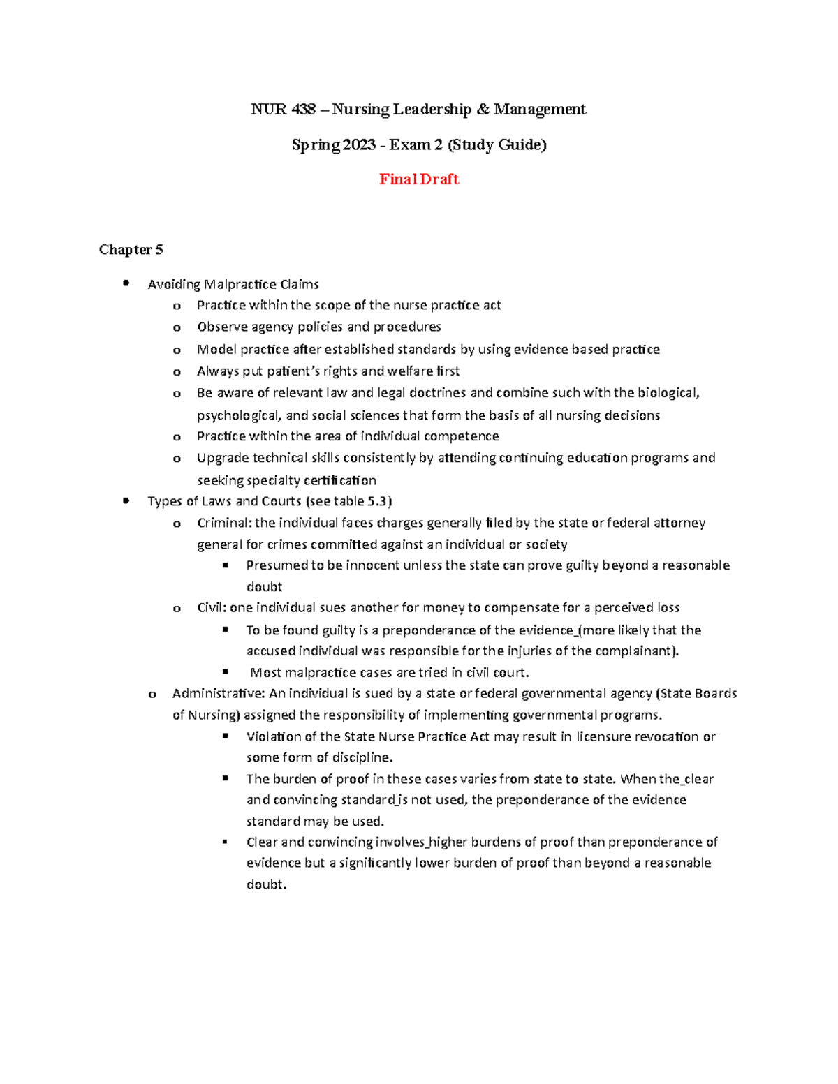 Leadership Exam 2 Study Guide - NUR 438 – Nursing Leadership ...