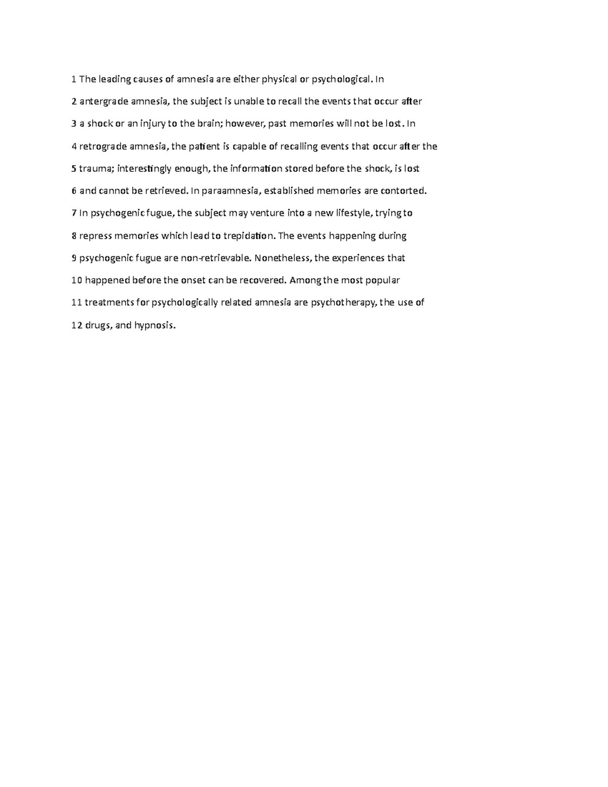 Reading 1 - Grade: 5 - 1 The leading causes of amnesia are either ...