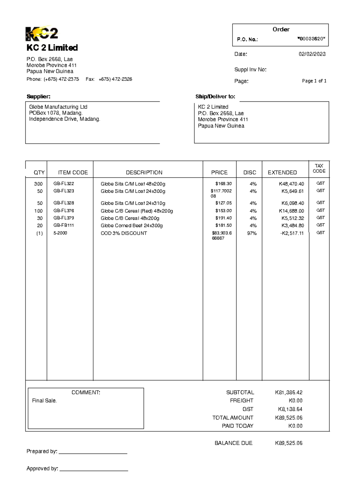 Globe PO33620 - Phone:(+675) 472-2375 Fax:(+675) 472- Approved - Studocu