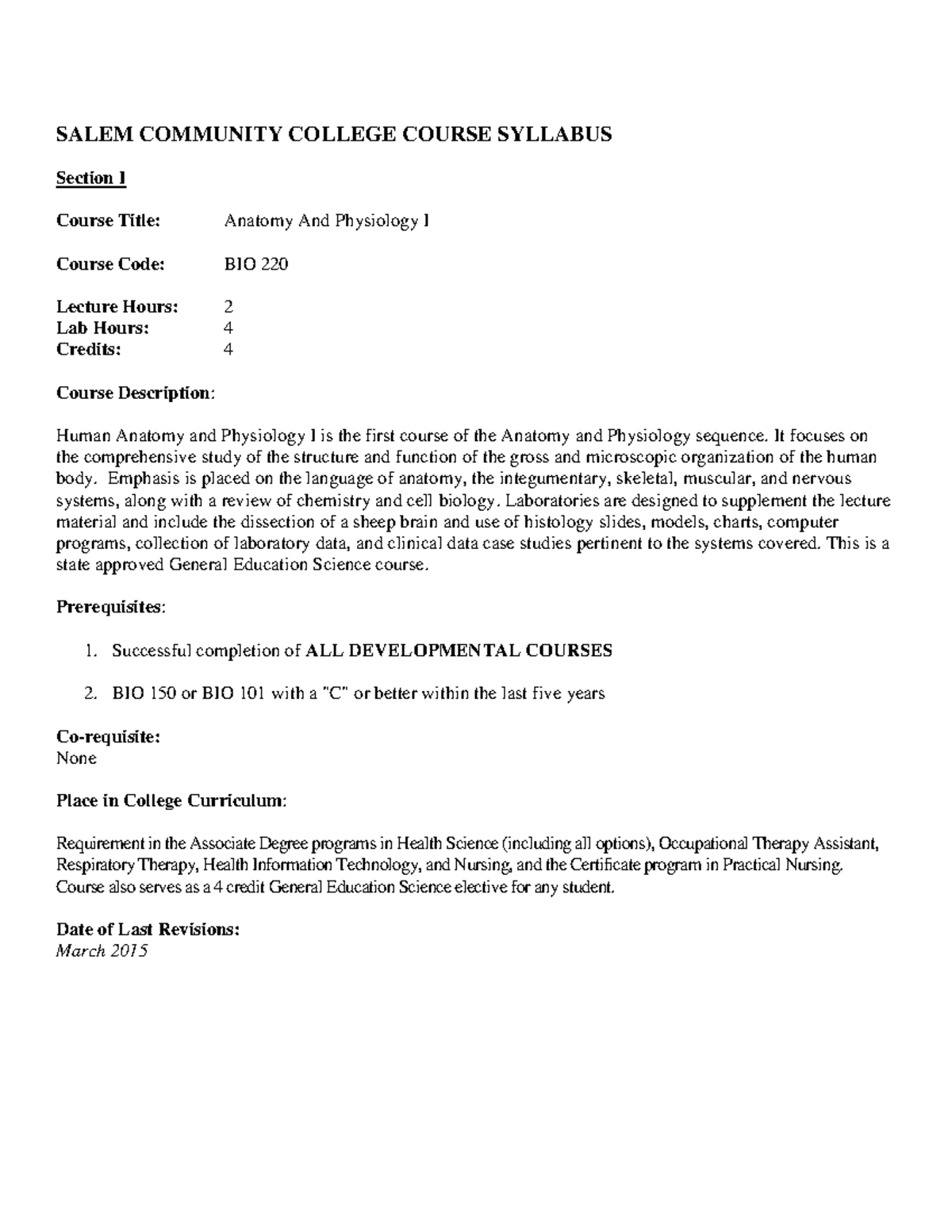 BIO220 - N/A - SALEM COMMUNITY COLLEGE COURSE SYLLABUS Section I Course ...