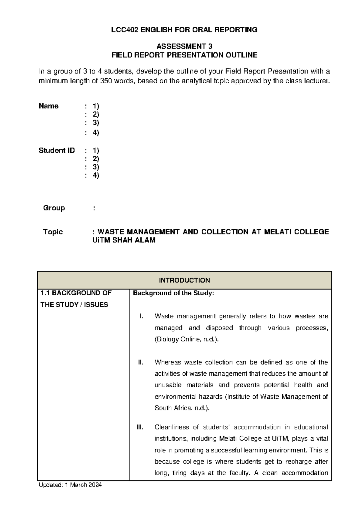 Field Report Outline Sample B (Waste Management and Collection at ...