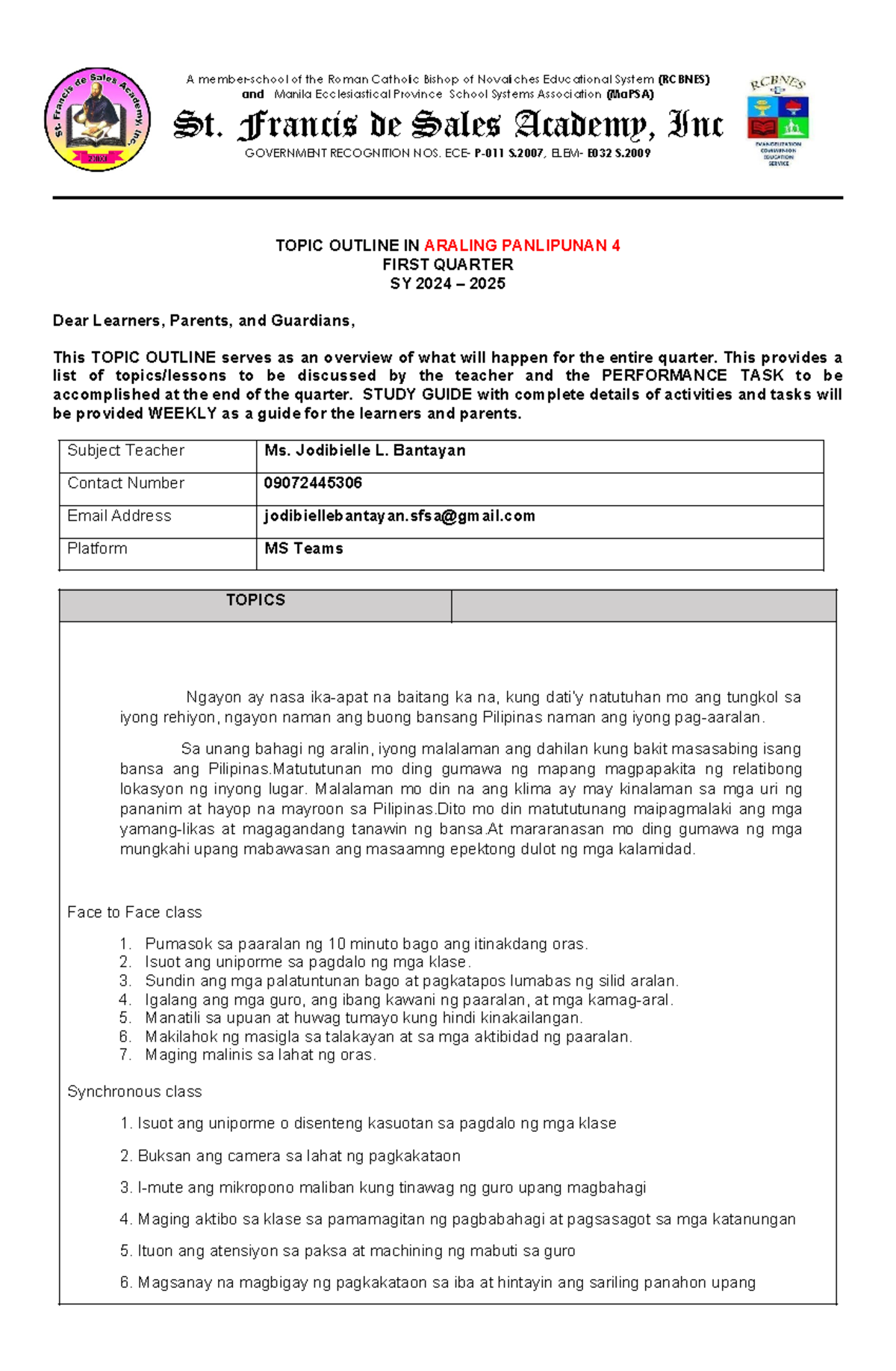 AP 4 Topic-Outline-1st Quarter - A member-school of the Roman Catholic ...