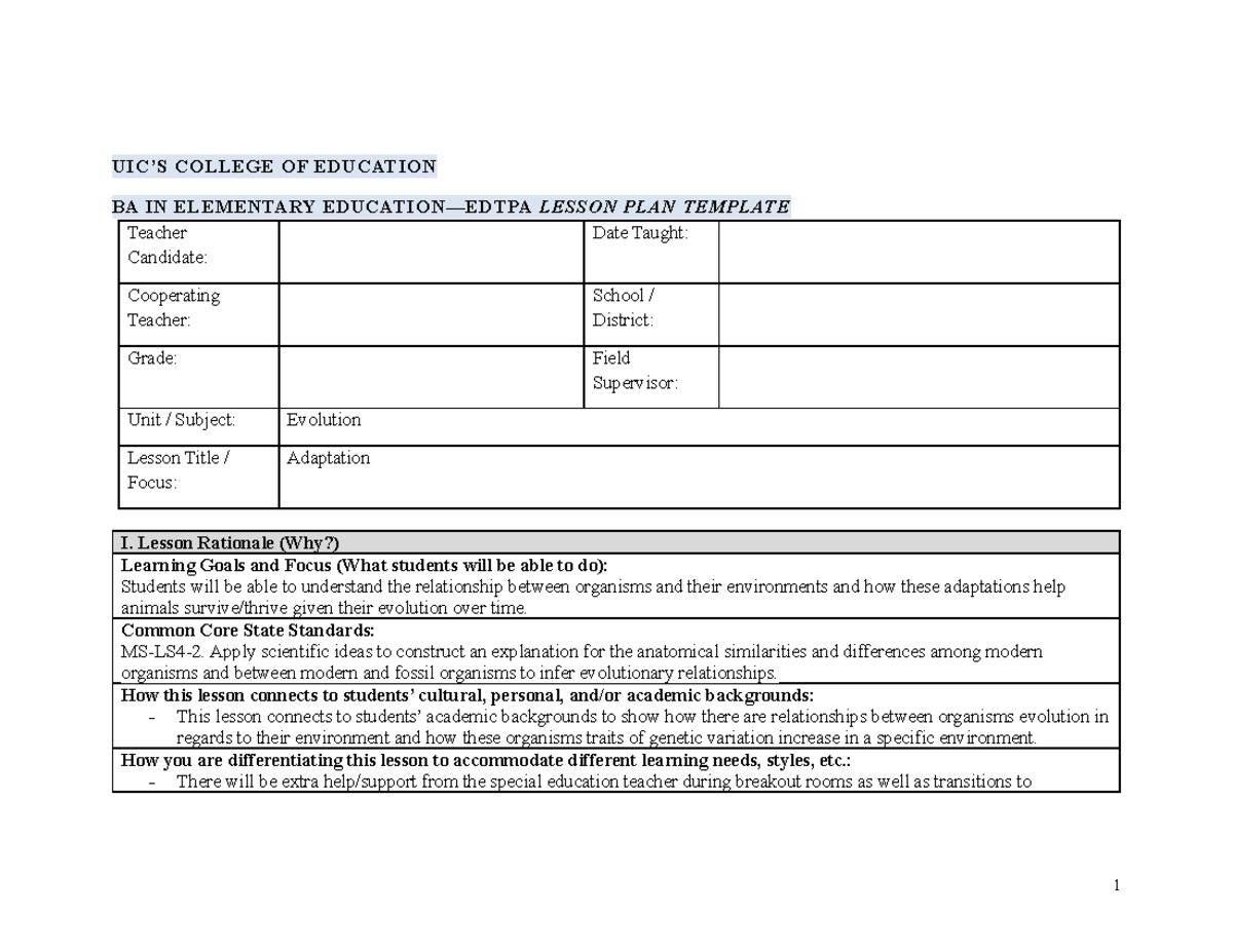 Adaptation Review Lesson Plan - UIC’S COLLEGE OF EDUCATION BA IN ...