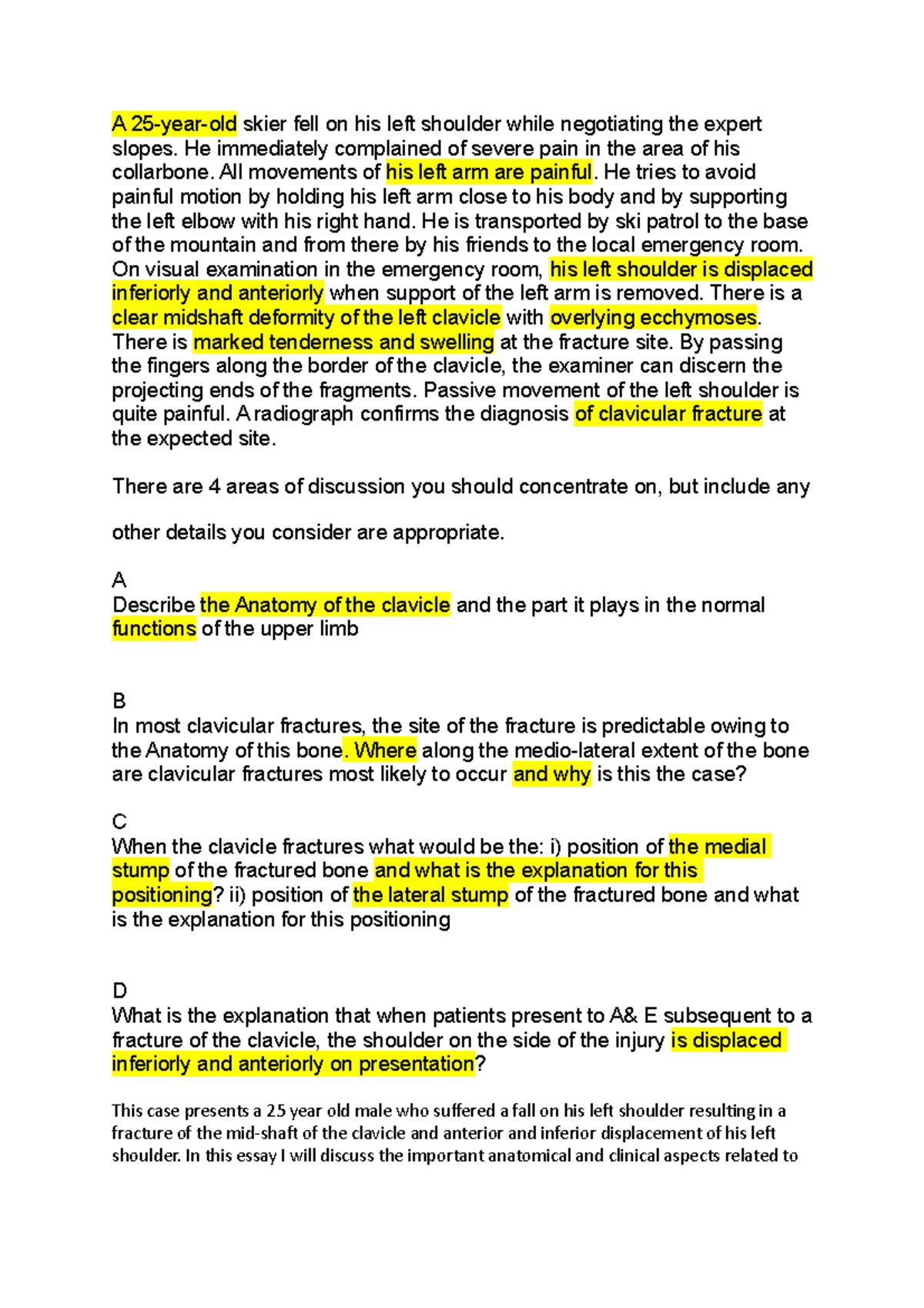 Clavicle fracture - example of a RA essay - A 25-year-old skier fell on ...