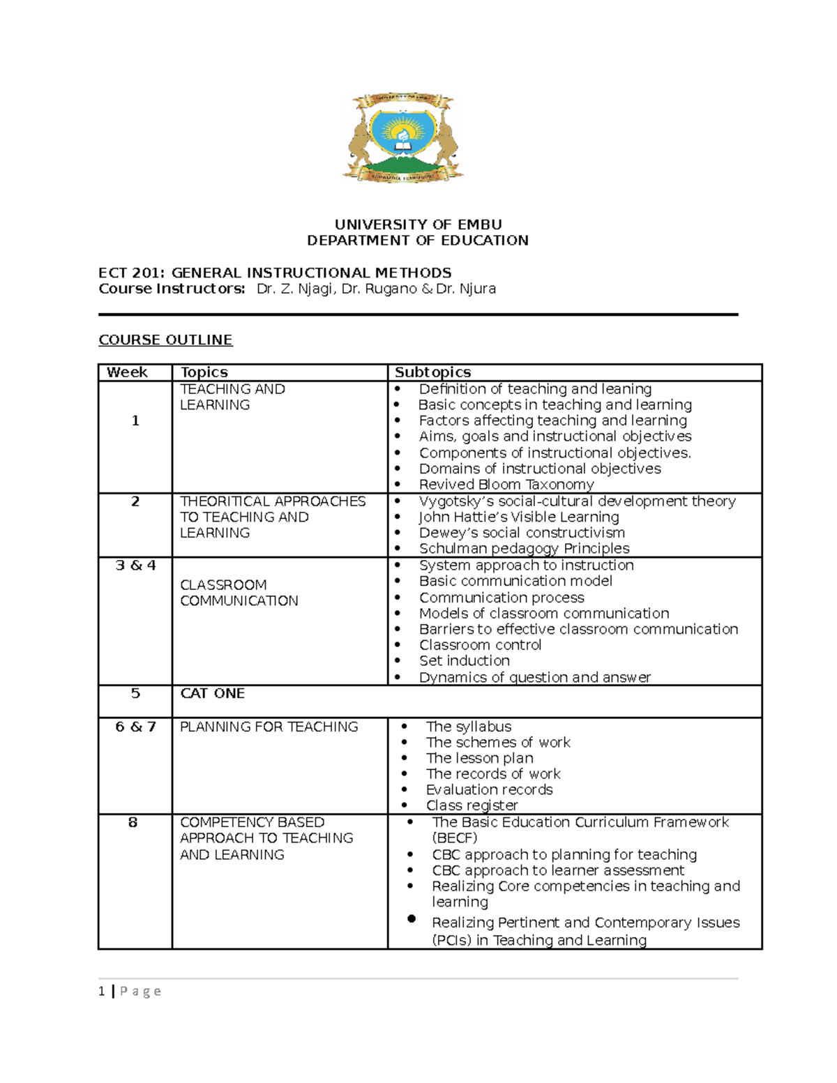 ECT 201 Course outline - UNIVERSITY OF EMBU DEPARTMENT OF EDUCATION ECT ...
