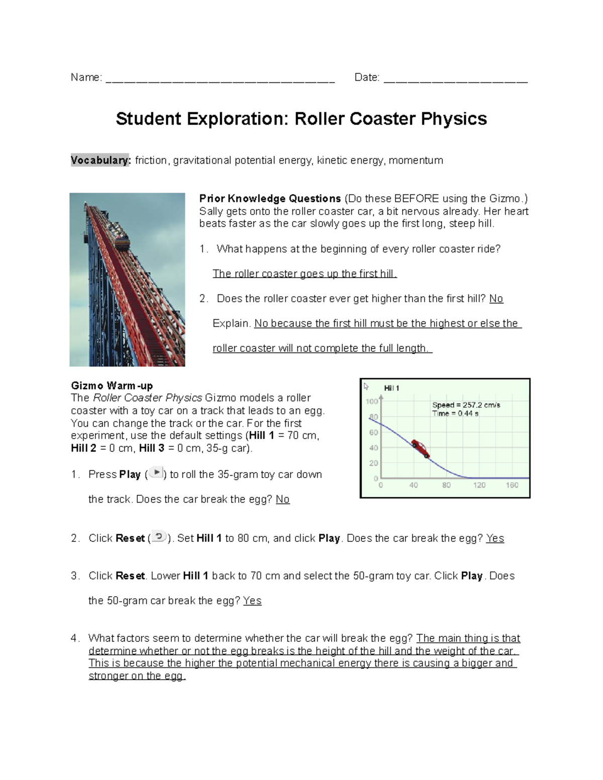 Roller Coaster - Worksheet or gizmo - Name ...