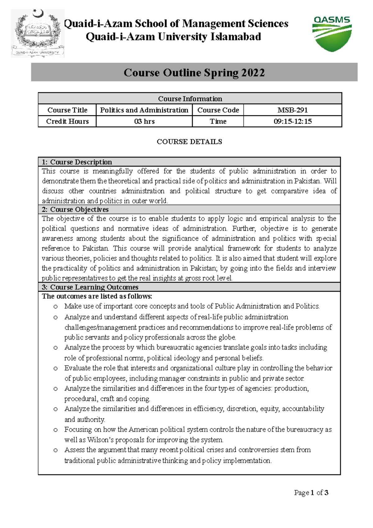 BSPA Course Outline - Quaid-i-Azam School of Management Sciences Quaid ...