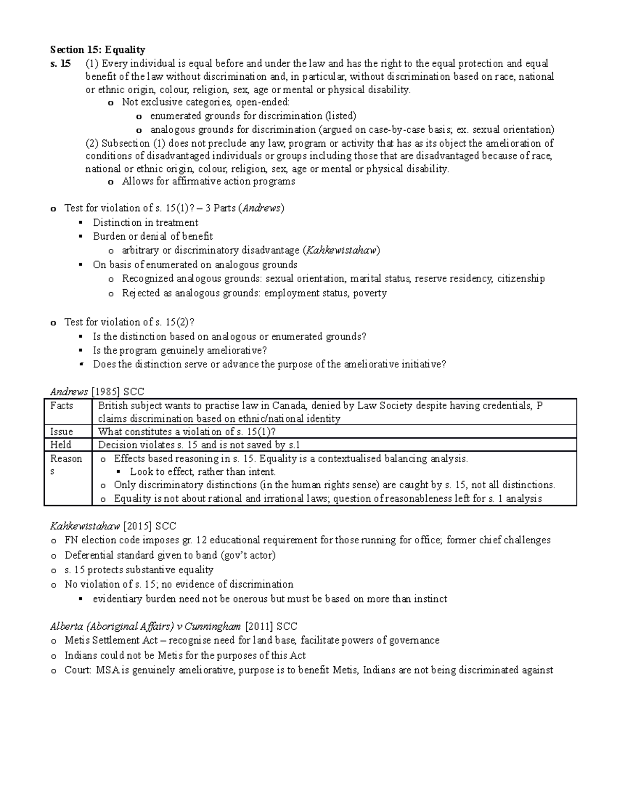 322-Bains - LAW 100 - Final (Charter) - Section 15: Equality s. 15 (1 ...