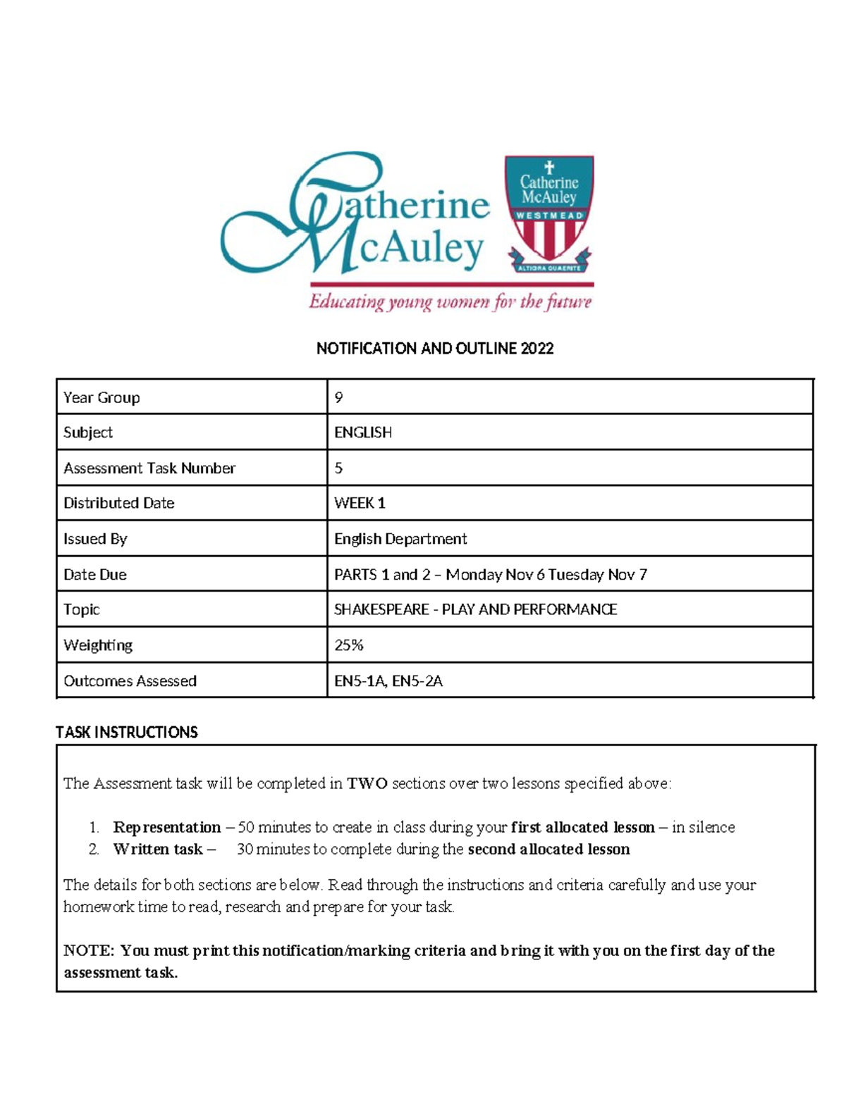Year 9 Task 5 Drama- Rep Notification - NOTIFICATION AND OUTLINE 2022 Year Group 9 Subject ...