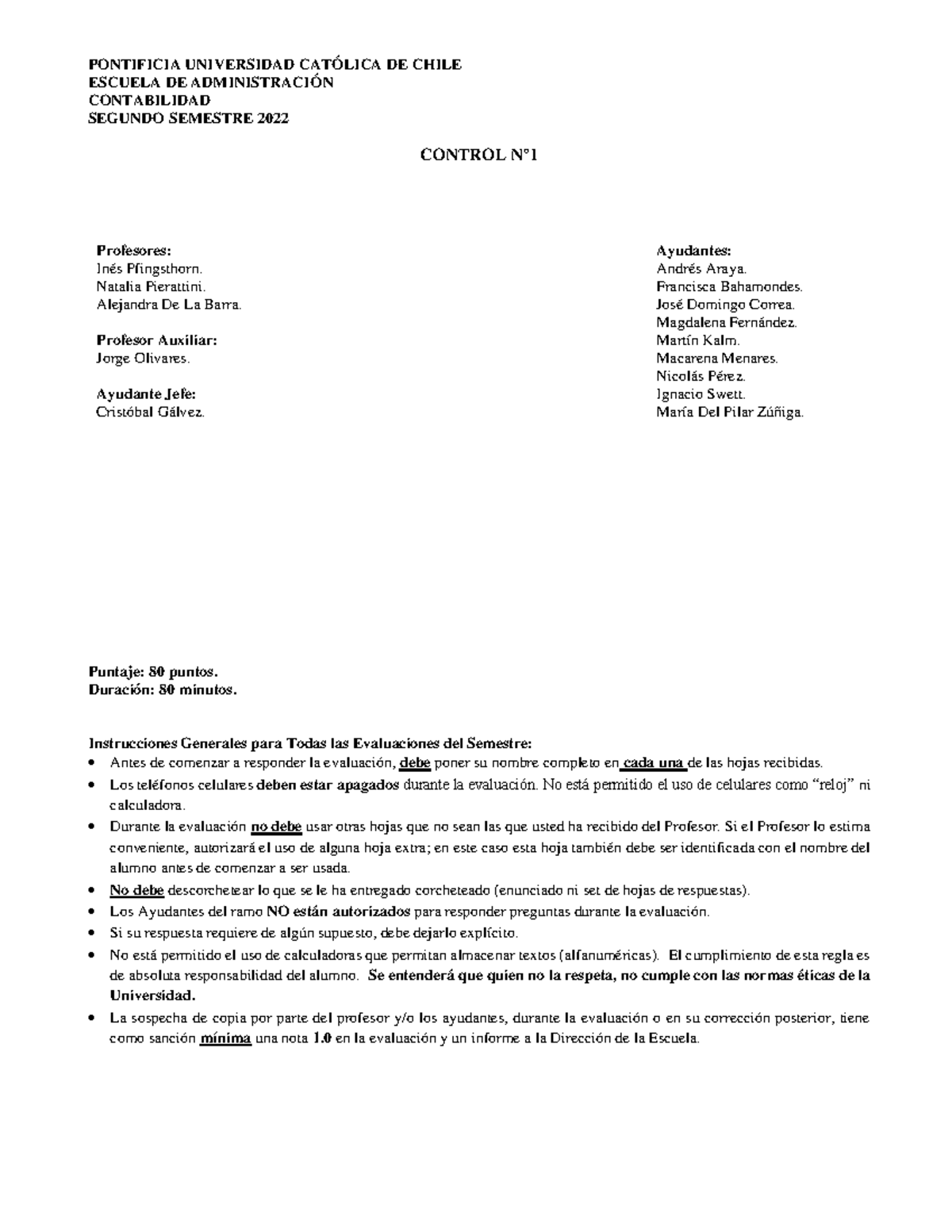 Control 1 2022-2 E (1)-1 - PONTIFICIA UNIVERSIDAD CATÓLICA DE CHILE ESCUELA DE ADMINISTRACIÓN ...