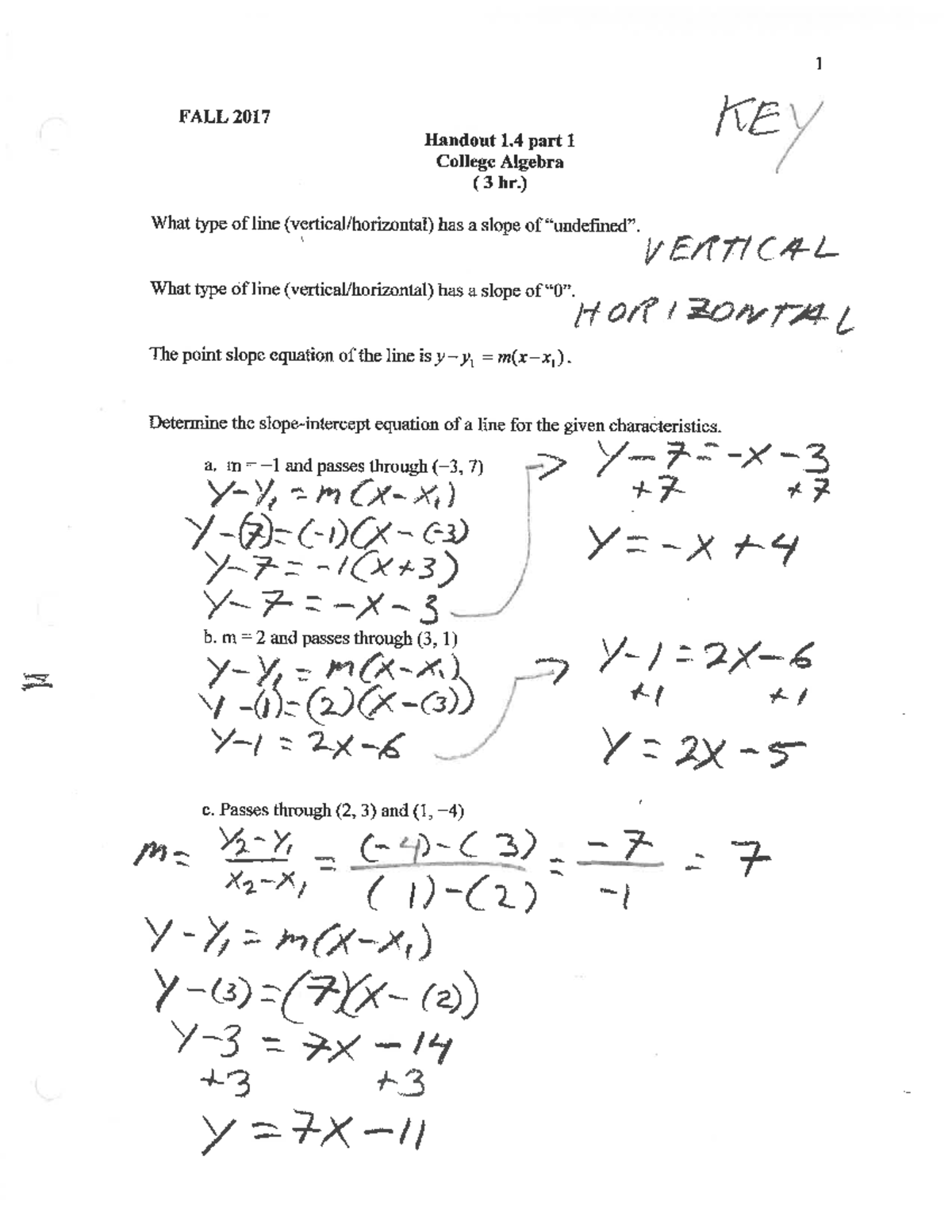 Handout 1 - 4 part 1 key - College Algebra - 1 FALL 2017 Handout 1 part ...