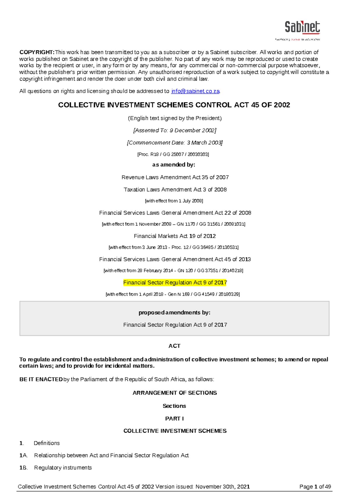 Collective Investment Schemes Control Act 45 Of 2002 COPYRIGHT This