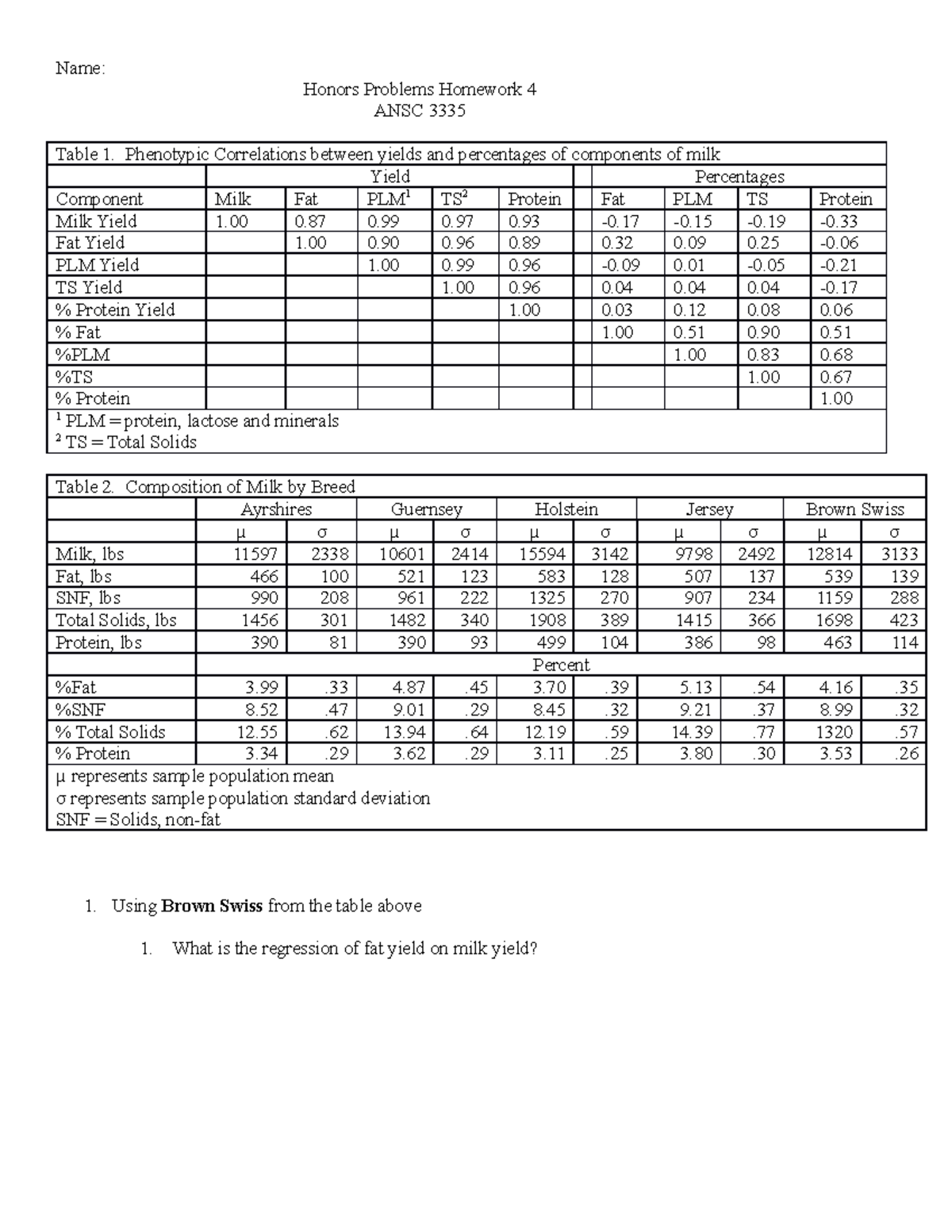ANSC3335 HWK4 Honors Supplemental - Name: Honors Problems Homework 4 ...