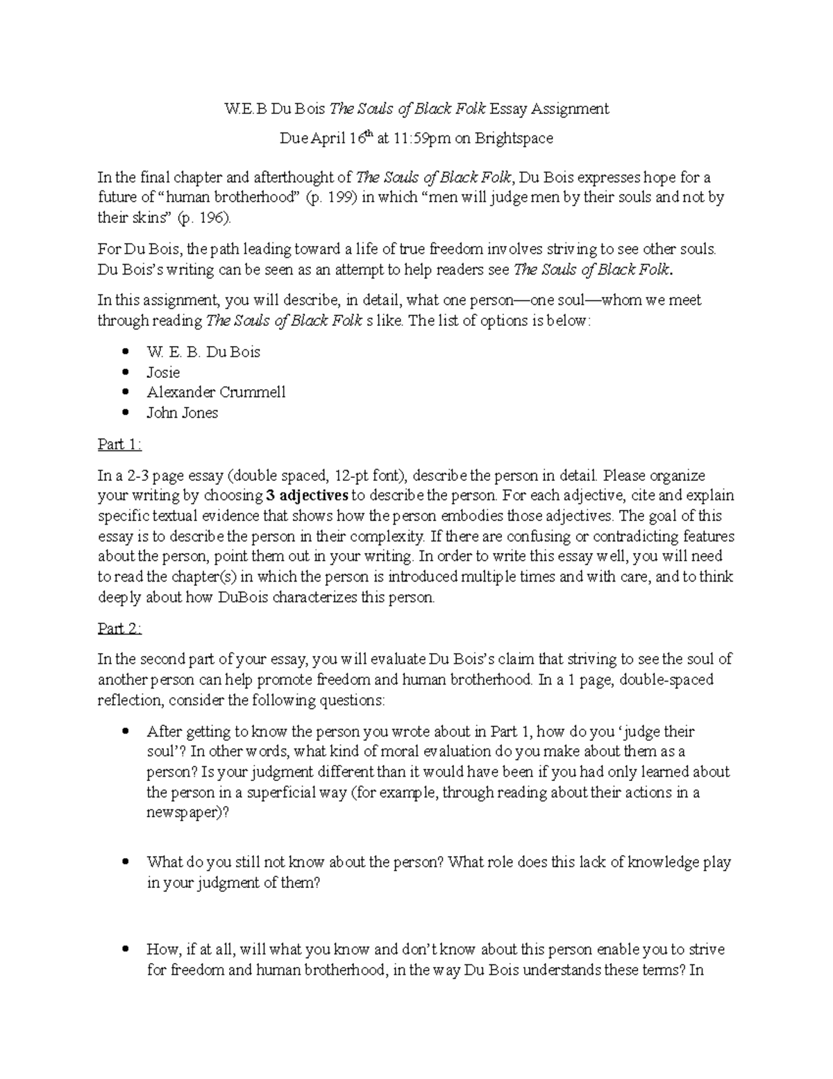 Du Bois Essay - W.E Du Bois The Souls of Black Folk Essay Assignment ...