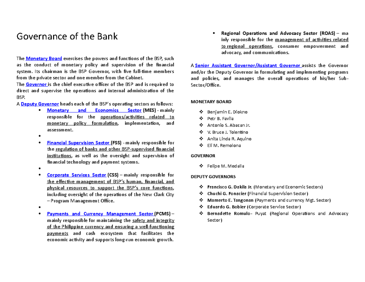 Governance of the Bank - NOTES - Governance of the Bank The Monetary ...