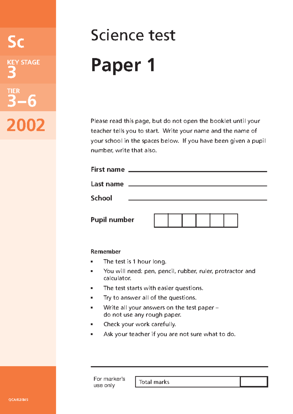 Sci KS3 2002 L3 P1 - KS3 Science paper, full - Sc 2002 Science test ...