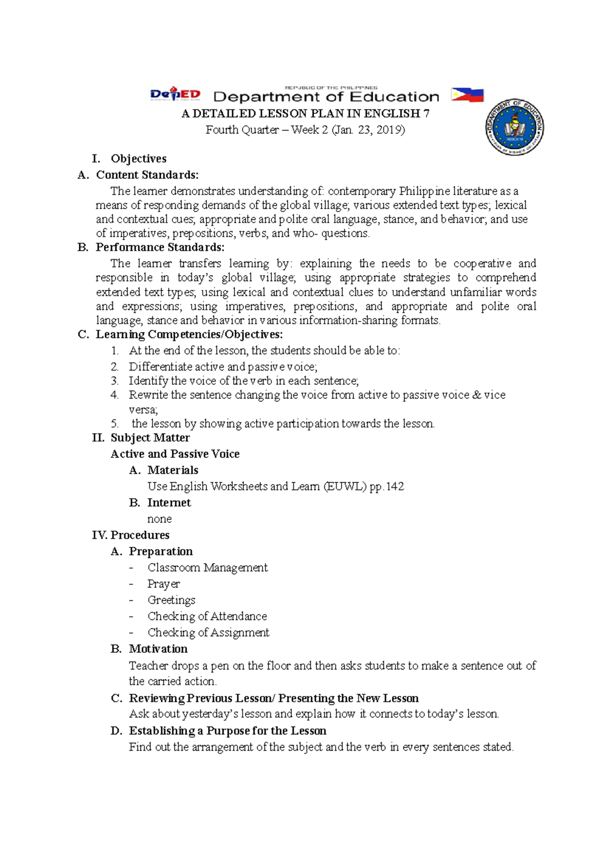 english subject - A DETAILED LESSON PLAN IN ENGLISH 7 Fourth Quarter ...