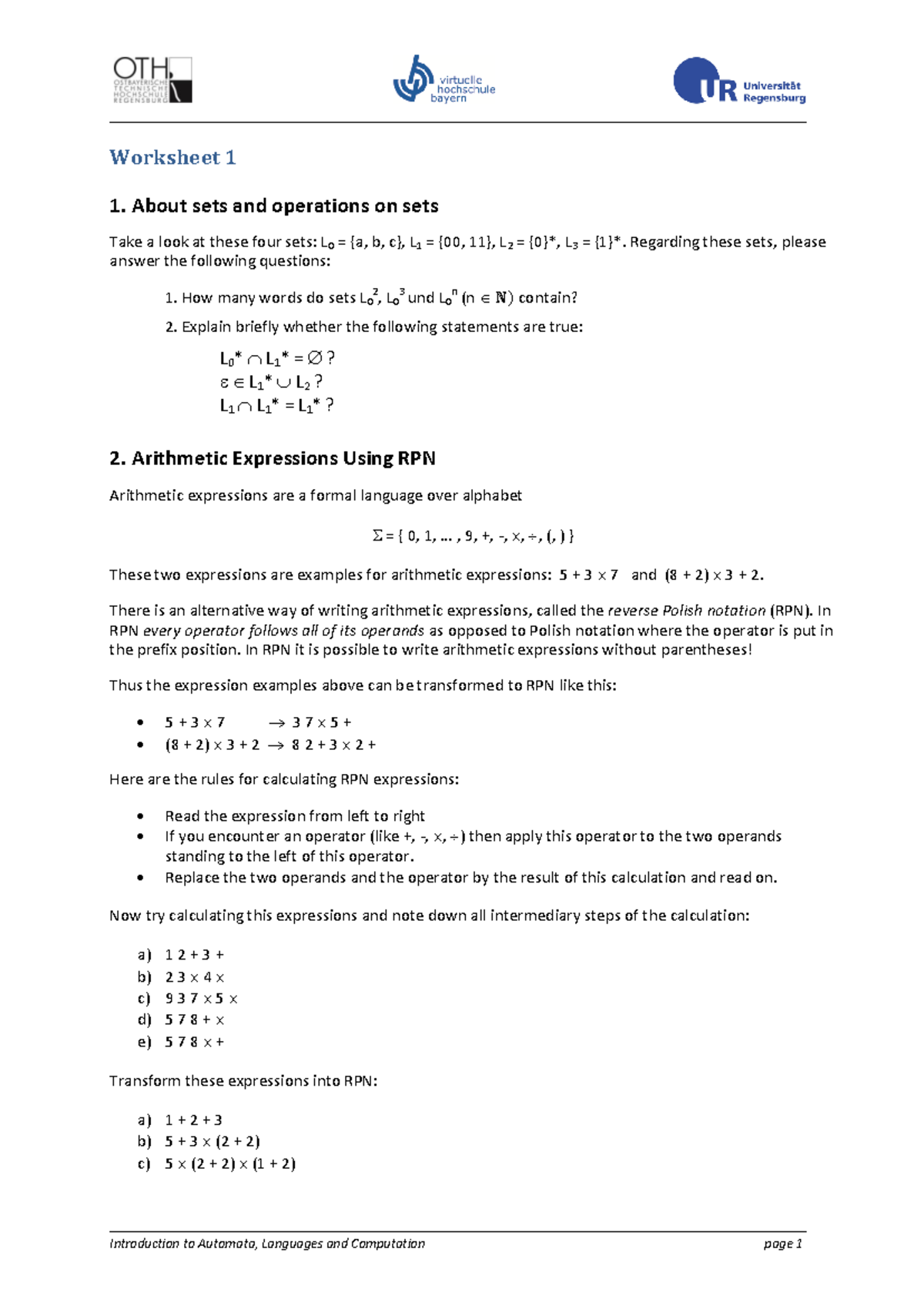 Excercise 1 worksheet - Exercise 1 - - Studocu