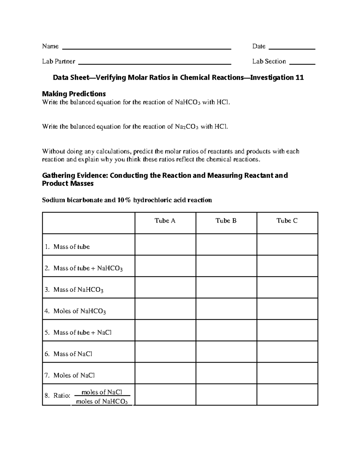 07 Data Sheet Verifying Molar Ratiosin Chemical Reactions - Name Date ...