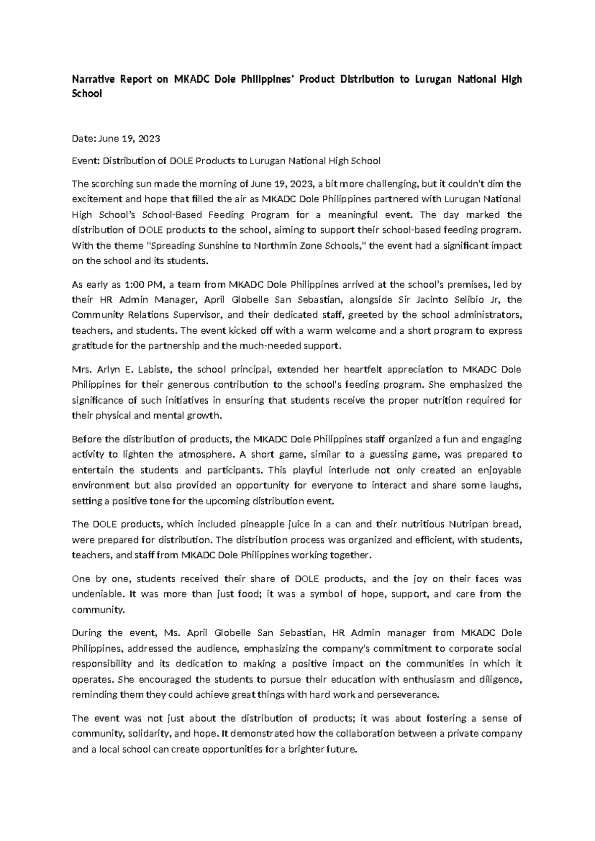 Narrative Report ( Mkadc Dole Philippines) - Narrative Report on MKADC ...