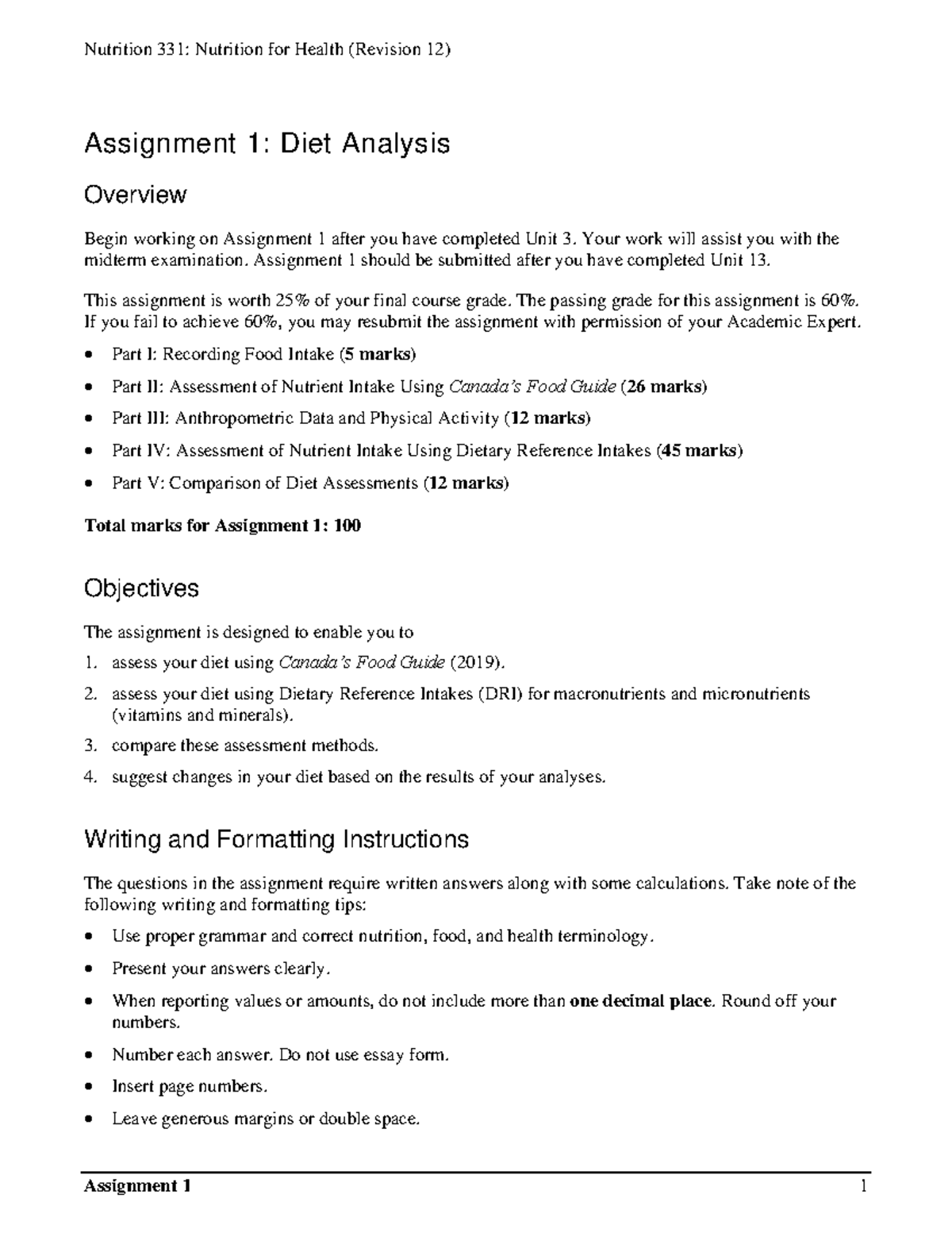 Details and Tips for assignment #1 - Assignment 1: Diet Analysis ...