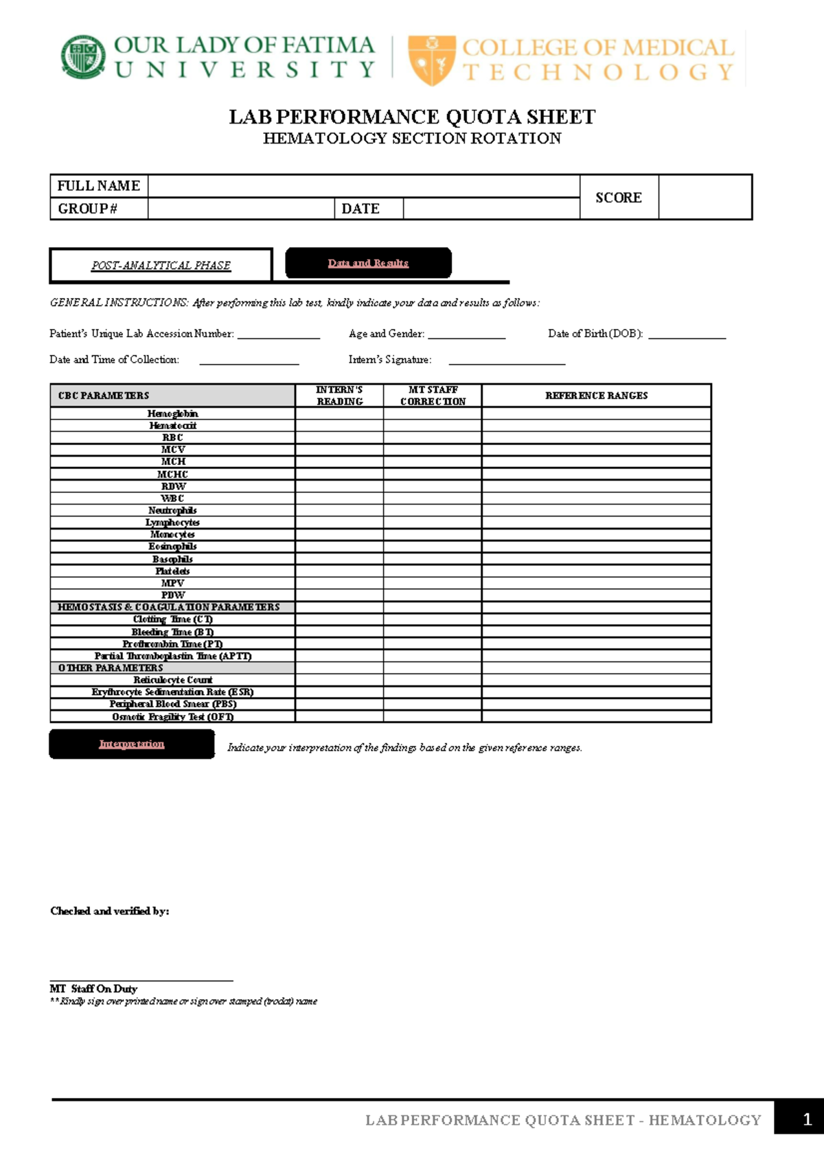 [HEMA] Lab Performance Quota Sheet - LAB PERFORMANCE QUOTA SHEET - HEMATOLOGY 1 LAB PERFORMANCE ...